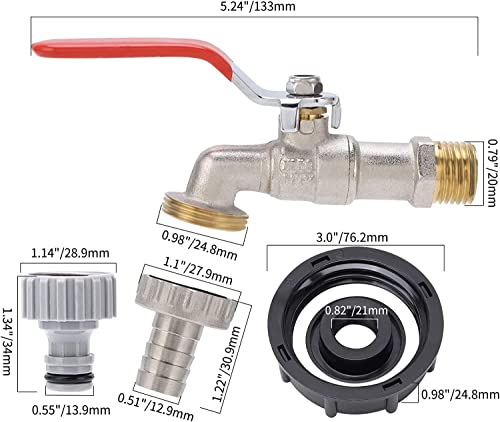 IBC Tote Tank Winterizing Brass Drain Adapter, Garden Hose Faucet Spigot 275-300 Gallon Water Tank Connector Replacement, Ton Barrel Fittings Switch Nozzles Tank Joints, Coarse Thread S60X6, 1/2"