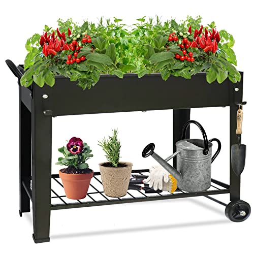 Fleecy day Raised Garden Planter Beds with Wheels Legs, Large Planters Box for Indoor Outdoor Plants,Metal Galvanized Elevated Rectangle Herb Planter Box for Vegetables Flower Patio 31.5" H