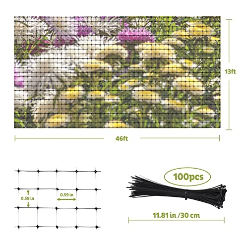 Soligt Bird Netting for Garden 13FT X 46FT Extra Wide Garden Netting with 100 Ties for Vegetable Raised Bed, Fruit Trees & Other Plants, Anti Bird Squirrel Deer Reusable Protection Net