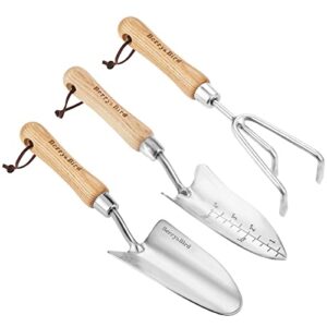 berry&bird garden tool set, 3 pcs stainless steel heavy duty gardening tool kit includes hand trowel, transplanter and hand cultivator with ash wood handle for transplanting digging loosening soil