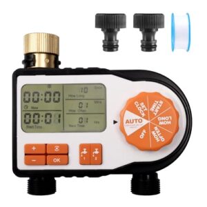 handsonic water sprinkler timer, garden watering timer 2 outlet, garden hose faucet timer for lawn, lawn sprinkler water hose timer dual, auto manual rain delay mode, pool