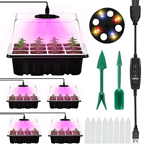 DUCRKAC (5-Pack) Seed Starter Tray with Grow Light & Humidity Dome, 60-Cell Seedling Starter Trays, Plant Starter Kit Indoor, Seed Starting Supplies, Garden Seed Growing Kit, Plant Germination Trays