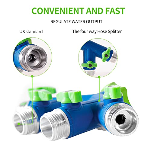 GREEN MOUNT Garden Hose Connector Tap Splitter, Easy Grip Splitter with Shut-Off Valves (4 Way)