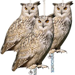 kungfu mall owl to keep birds away, 3 pack bird scare owl fake owl, reflective hanging bird decoration, effective bird control device to keep birds pigeon woodpecker away from patio garden