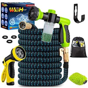 topidex car wash kit, expandable garden hose 50 ft – with high pressure spray nozzle – durable soap dispensing sprayer gun – 9 spray + 3 foam spraying patterns with storage bag, hanger & wash mitt