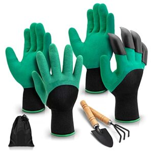 gardening gloves, 2 pairs green garden gloves with a garden shovel and a cultivator, garden gloves with claws for digging planting weeding seeding , excellent plant gifts