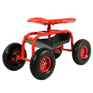 sunnydaze rolling garden cart scooter with wheels and tool tray, 360 swivel seat, red