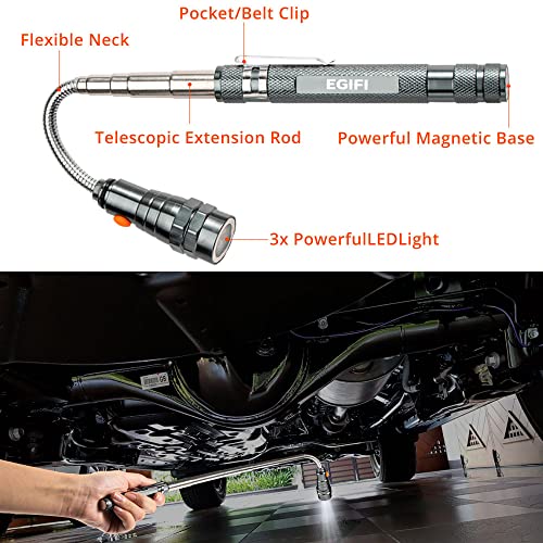 LED Magnetic Pickup Tools, Telescoping Magnet Flashlight, Cool Gadgets Gifts for Men, Extendable Magnet Stick for Dad, Husband, Craftsman and Mechanic, Gray