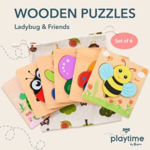 Playtime by Magifire Wooden Puzzles for Toddlers Set of 6: Early Developmental STEM Toy for Babies Aged 1-3 Years; Ladybug, Car, Bee, Teddy Bear, Butterfly, Turtle