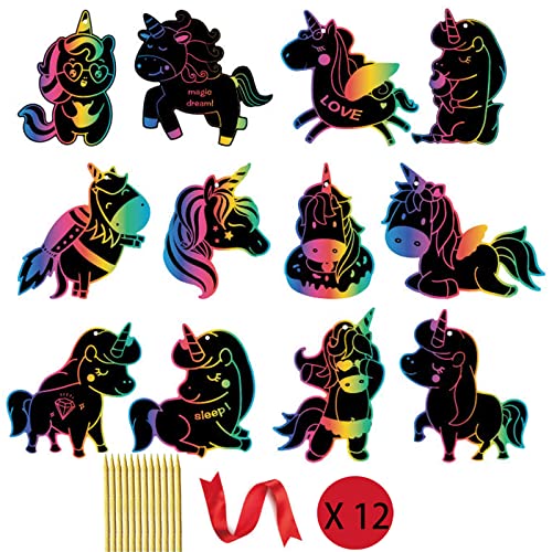 SLZQ 12 Pack Unicorn Scratch Arts and Crafts for Kids ,12 Ribbons and 12 Wooden Stylus,Scratch Paper for Kids Art Party Supplies Stocking Stuffer (Unicorn - Multicolour)