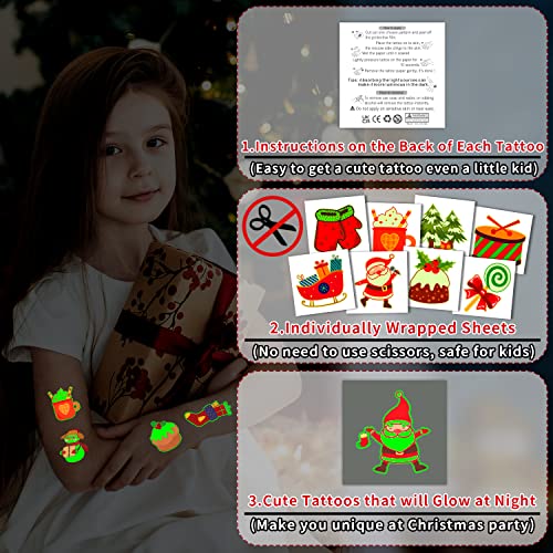 Partywind 204 PCS Individually Wrapped Glow Christmas Tattoos for Kids Stocking Stuffers, Christmas Party Decorations Favors Gifts, Xmas Holiday Goodie Bag Fillers Games Toys