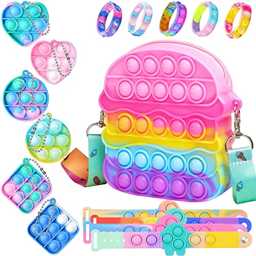 Pop Purse Pack Fidget Toy Set, 1 Girl Pop Single Shoulder Bag Toy, 9 Pop Wristband Toys, 6 Mini Pop Bubble Toys, 3 4 5 6 7 8 9 10 12 Year Old Birthday Gifts for Kids Girl, Christmas Stocking Stuffers.