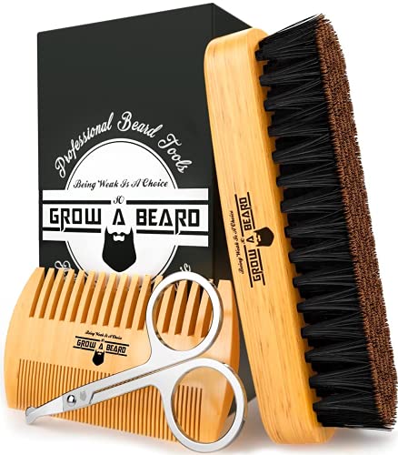 Beard Brush for Men & Beard Comb Set w/ Mustache Scissors Grooming Kit, Natural Boar Bristle Brush, Dual Action Wood Comb, and Travel Bag Great for Christmas Gift