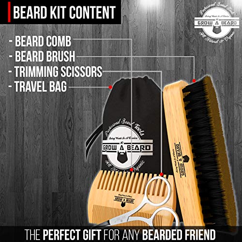 Beard Brush for Men & Beard Comb Set w/ Mustache Scissors Grooming Kit, Natural Boar Bristle Brush, Dual Action Wood Comb, and Travel Bag Great for Christmas Gift