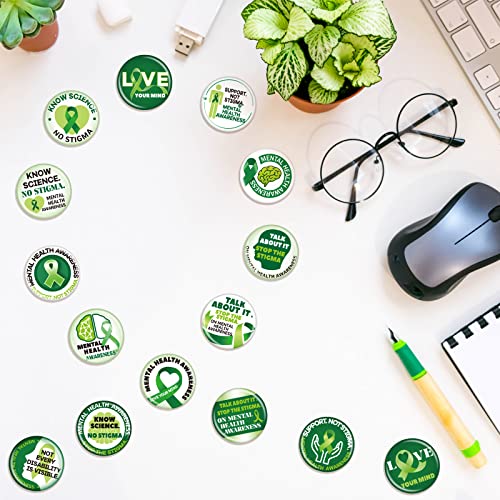 120 Pcs Mental Health Pin 1.2 Inch Mental Health Awareness Buttons for Backpacks Novelty Green Ribbon Mental Health Awareness Month Gifts for Children Teens Adults Party Favors Stocking Stuffers