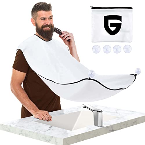 Beard Bib Apron for Men, Beard Trimming Catcher Bib, Birthday Gifts for Men Him Boyfriend, Waterproof Non-Stick Beard Catcher, 4 Suction Cups, One Size Fits All, Grooming Accessories(White)