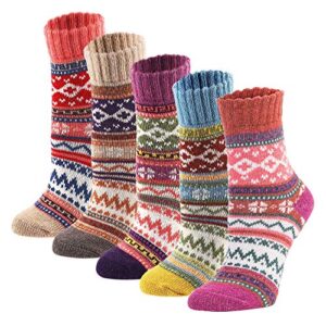 yzkke 5pack womens vintage winter soft warm thick cold knit wool crew socks, multicolor, free size