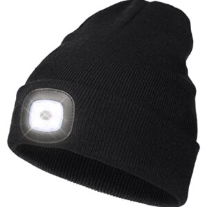 LED Beanie with Light,Unisex USB Rechargeable Hands Free 4 LED Headlamp Cap Winter Knitted Night Lighted Hat Flashlight Women Men Gifts for Dad Him Husband Black