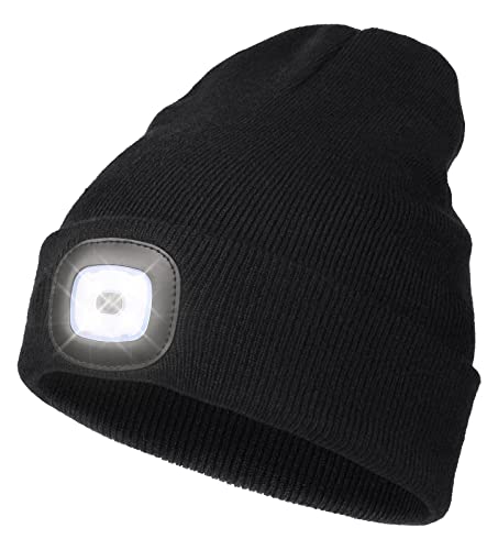 LED Beanie with Light,Unisex USB Rechargeable Hands Free 4 LED Headlamp Cap Winter Knitted Night Lighted Hat Flashlight Women Men Gifts for Dad Him Husband Black