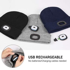 LED Beanie with Light,Unisex USB Rechargeable Hands Free 4 LED Headlamp Cap Winter Knitted Night Lighted Hat Flashlight Women Men Gifts for Dad Him Husband Black