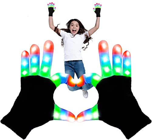 Glow LED Gloves for Kids and Adults, LED Flashing Rave Gloves Finger Light Gloves with Multi Modes, Colorful Light Up Warm Gloves for Party, Christmas, Birthday. Stocking Stuffers for Kids