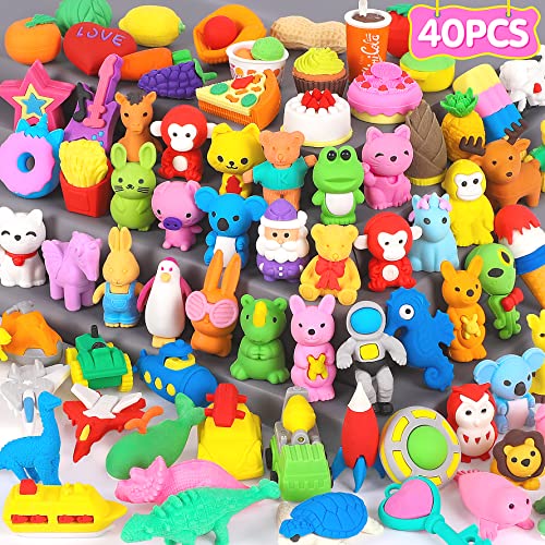 Arscniek 40 Pack Pencil Erasers for Kids Bulk Toys, Puzzle Animal Erasers 3D Mini Erasers Take Apart Food Erasers, Party Favors Desk Pets Classroom Prizes Treasure Box Stocking Stuffers for Kid Gifts