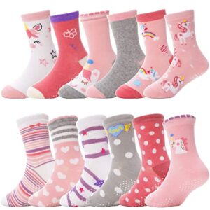 baby girls toddlers grips socks kids non slip/anti skid unicorn striped crew cotton socks 12 pairs gift stocking stuffers (girl’s-unicorn pink(12 pairs),3-5 y)