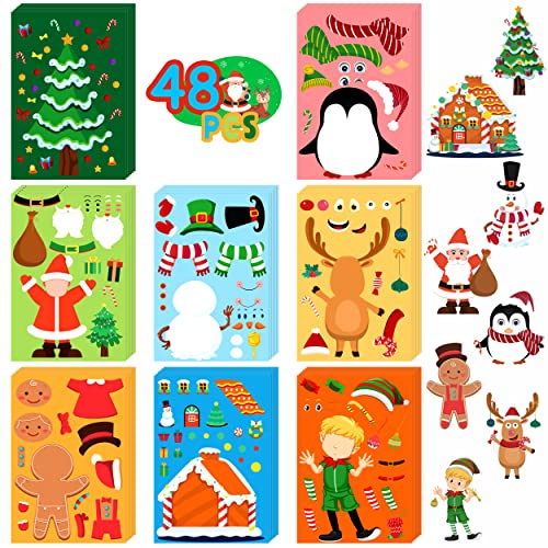 LINAYE 48 Sheets Christmas Stickers Crafts for Kids Toddlers, 8 Styles Make Your Own Christmas Stickers Christmas Goodie Treat Bag Stocking Stuffers Christmas Game Activities for Kids Toddlers Christmas Party Favors