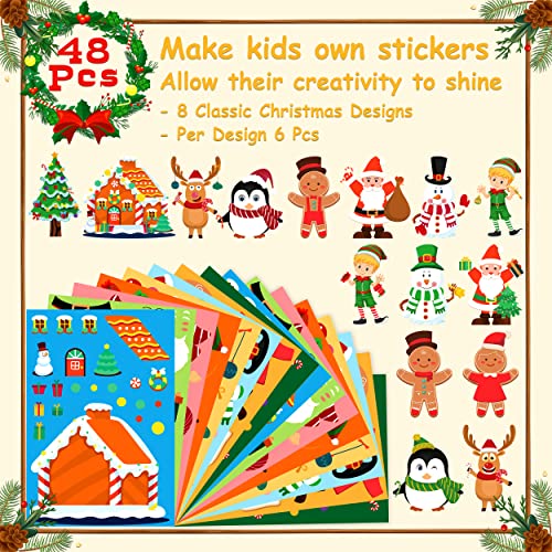 LINAYE 48 Sheets Christmas Stickers Crafts for Kids Toddlers, 8 Styles Make Your Own Christmas Stickers Christmas Goodie Treat Bag Stocking Stuffers Christmas Game Activities for Kids Toddlers Christmas Party Favors