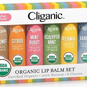 Cliganic USDA Organic Lip Balm Set - 6 Flavors - 100% Natural Moisturizer for Cracked & Dry Lips