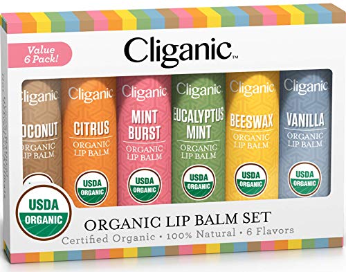 Cliganic USDA Organic Lip Balm Set - 6 Flavors - 100% Natural Moisturizer for Cracked & Dry Lips