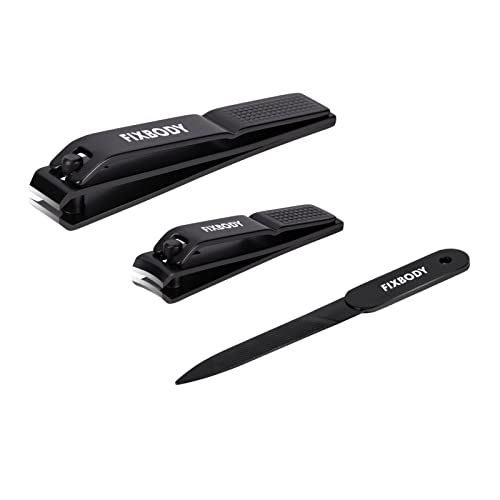 FIXBODY Nail Clipper Set – Black Stainless Steel Fingernails & Toenails Clippers & Nail File Sharp Nail Cutter with Leather Case, Gift for Men and Women, Set of 3