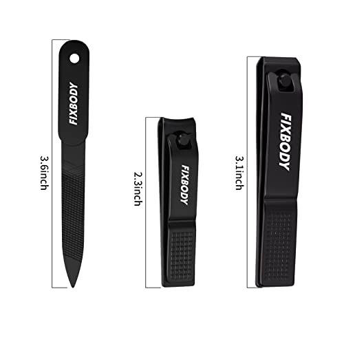 FIXBODY Nail Clipper Set – Black Stainless Steel Fingernails & Toenails Clippers & Nail File Sharp Nail Cutter with Leather Case, Gift for Men and Women, Set of 3