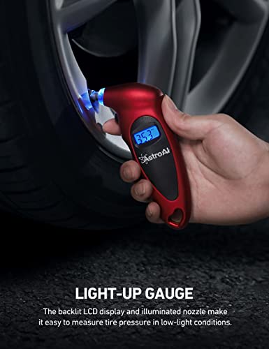 AstroAI Digital Tire Pressure Gauge 150 PSI 4 Settings for Car Truck Bicycle with Backlit LCD and Non-Slip Grip Car Accessories, Red (1 Pack)