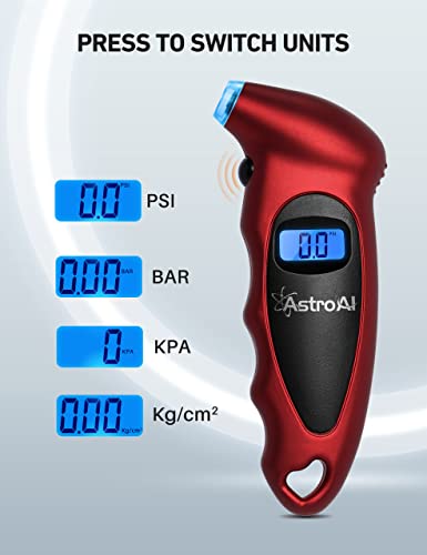 AstroAI Digital Tire Pressure Gauge 150 PSI 4 Settings for Car Truck Bicycle with Backlit LCD and Non-Slip Grip Car Accessories, Red (1 Pack)