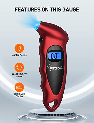 AstroAI Digital Tire Pressure Gauge 150 PSI 4 Settings for Car Truck Bicycle with Backlit LCD and Non-Slip Grip Car Accessories, Red (1 Pack)