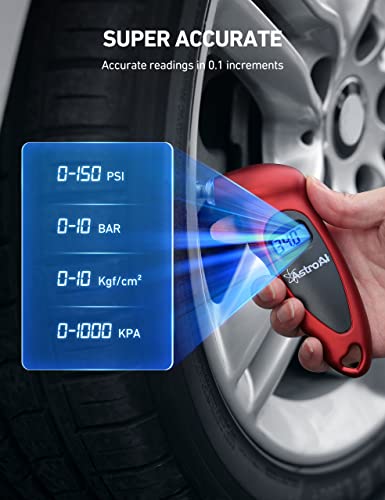 AstroAI Digital Tire Pressure Gauge 150 PSI 4 Settings for Car Truck Bicycle with Backlit LCD and Non-Slip Grip Car Accessories, Red (1 Pack)