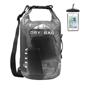 heeta waterproof dry bag for women men, roll top lightweight dry storage bag backpack with phone case for travel, swimming, boating, kayaking, camping and beach, transparent black 5l