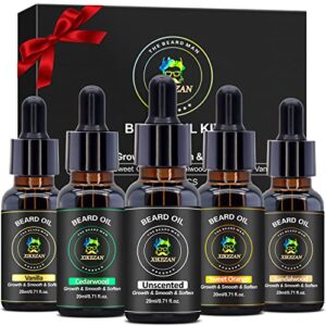 beard oil 5 pack w/unscented,cedarwood,sandalwood,vanilla,orange,christmas stocking stuffers fathers valentines day gifts for men him dad boyfriend husband,beard growth,soften,moisturizing,strength