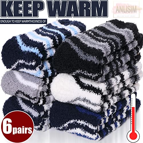 Anlisim Fuzzy Slipper Socks for Men Women Fluffy Cozy Cabin Fleece Warm Winter Sleep Home Comfy Plush Sherpa Non Slip Skid Hospital Socks with Grips Gift Socks Stocking Stuffers 6 Pairs (Striped C)