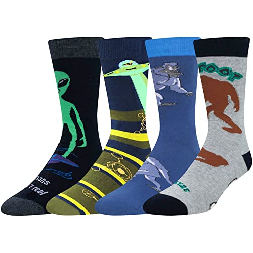 Mens Funny Shark Alien Bigfoot Socks Novelty Christmas Space Gifts Stocking Stuffers in 4 Pack Box