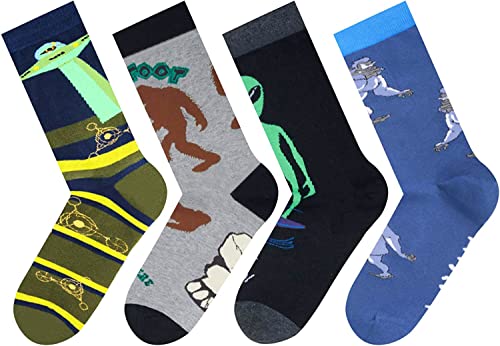 Mens Funny Shark Alien Bigfoot Socks Novelty Christmas Space Gifts Stocking Stuffers in 4 Pack Box