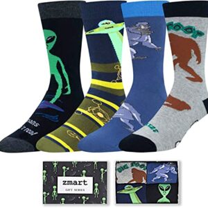 Mens Funny Shark Alien Bigfoot Socks Novelty Christmas Space Gifts Stocking Stuffers in 4 Pack Box