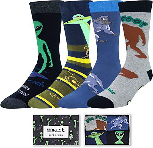 Mens Funny Shark Alien Bigfoot Socks Novelty Christmas Space Gifts Stocking Stuffers in 4 Pack Box