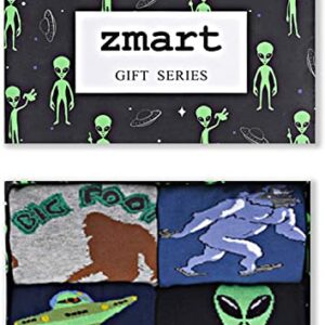 Mens Funny Shark Alien Bigfoot Socks Novelty Christmas Space Gifts Stocking Stuffers in 4 Pack Box