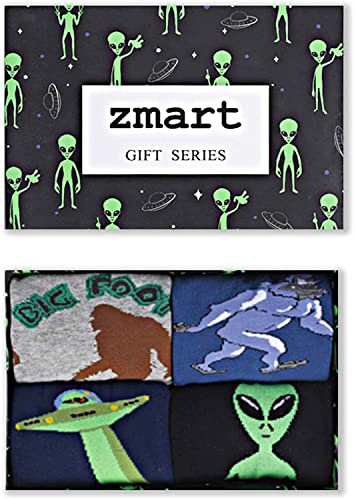 Mens Funny Shark Alien Bigfoot Socks Novelty Christmas Space Gifts Stocking Stuffers in 4 Pack Box