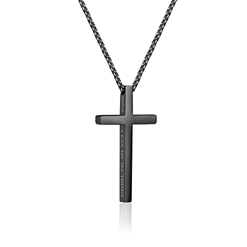 Cross Necklace for Men, Stainless Steel Pendant Box Chain Jewelry, Christmas Stocking Stuffers, Christian Baptism Birthday Boys Ideas Gifts (Chain:18 inches Cross Pendant 1.5" *0.8", Black : I CAN DO ALL THINGS)