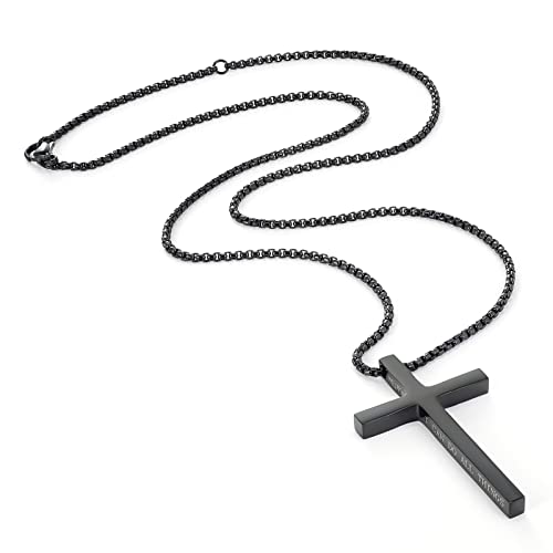 Cross Necklace for Men, Stainless Steel Pendant Box Chain Jewelry, Christmas Stocking Stuffers, Christian Baptism Birthday Boys Ideas Gifts (Chain:18 inches Cross Pendant 1.5" *0.8", Black : I CAN DO ALL THINGS)