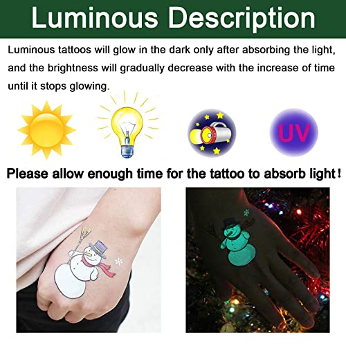 Luminous Christmas Temporary Tattoos for Kids Stocking Stuffers 130 PCS Cute Fake Face Body Tattoo Sticker Gifts for Boys Girls Adults Xmas Eve Holiday Birthday Party Favors Supplies Decorations