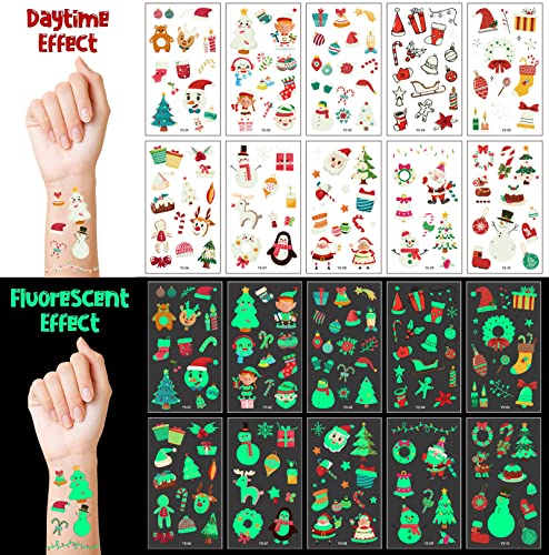 Luminous Christmas Temporary Tattoos for Kids Stocking Stuffers 130 PCS Cute Fake Face Body Tattoo Sticker Gifts for Boys Girls Adults Xmas Eve Holiday Birthday Party Favors Supplies Decorations